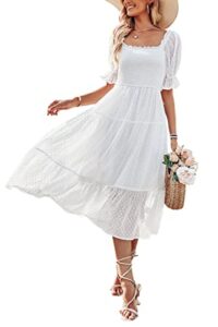 merokeety women's white dress summer square neck puff sleeve boho midi dress swiss dot ruffle flowy tie back dress, white, s