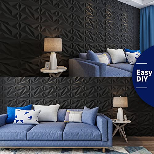 Art3dwallpanels 33 Pack 3D Wall Panel Diamond for Interior Wall Décor, PVC Flower Textured Wall Panels for Living Room Lobby Bedroom Hotel Office, Black, 12''x12'' Cover 32.Sq.Ft.