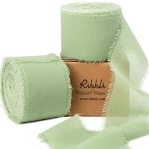 ribbli sage green chiffon ribbon 1-1/2 inch x 20 yard, handmade fringe chiffon ribbon for gift wrapping, silk ribbon for wedding invitations, bridal bouquets wrapping, flower arrangement decoration