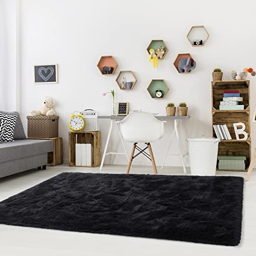 Noahas Fluffy Bedroom Rug Carpet,4x5.3 Feet Shaggy Fuzzy Rugs for Bedroom,Soft Rug for Kids Room,Plush Nursery Rug for Baby,Thick Black Area Rugs for Living Room,Cute Room Decor for Girls Boys