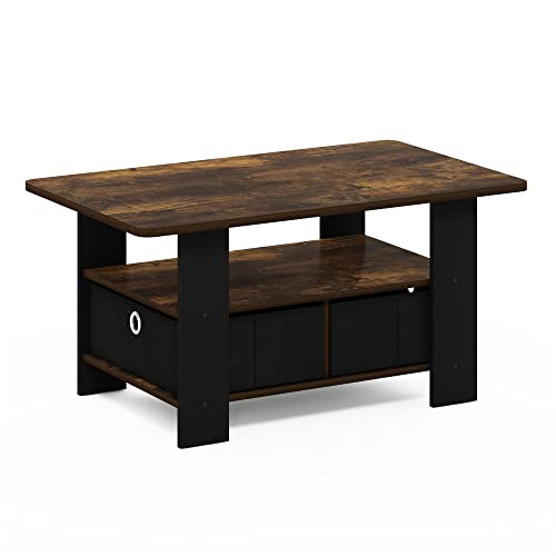 Furinno Andrey Coffee Table with Bin Drawer, Amber Pine/Black Small Non-Lift Top