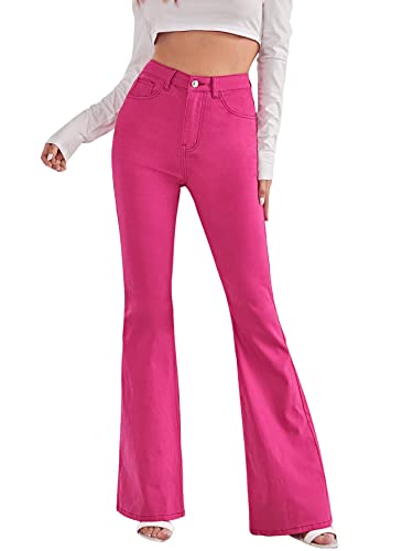 SweatyRocks Women's Casual Denim Pants Heart Print High Waist Stretchy Bell Bottom Flared Jeans Hot Pink S