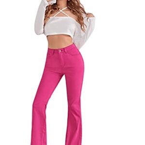 SweatyRocks Women's Casual Denim Pants Heart Print High Waist Stretchy Bell Bottom Flared Jeans Hot Pink S