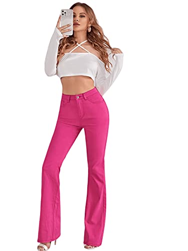 SweatyRocks Women's Casual Denim Pants Heart Print High Waist Stretchy Bell Bottom Flared Jeans Hot Pink S