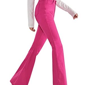 SweatyRocks Women's Casual Denim Pants Heart Print High Waist Stretchy Bell Bottom Flared Jeans Hot Pink S