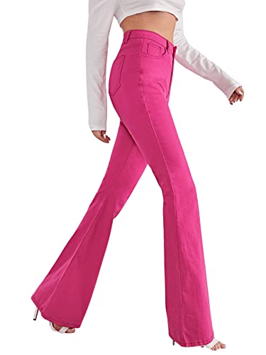 SweatyRocks Women's Casual Denim Pants Heart Print High Waist Stretchy Bell Bottom Flared Jeans Hot Pink S