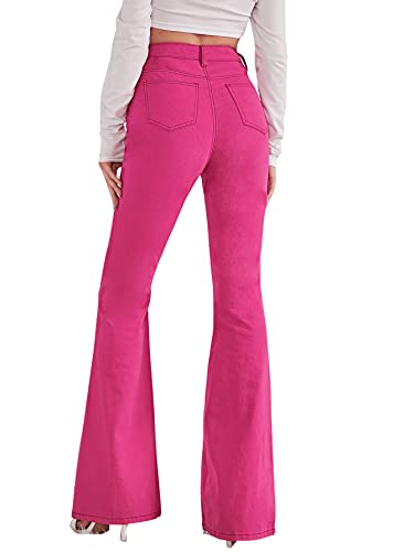 SweatyRocks Women's Casual Denim Pants Heart Print High Waist Stretchy Bell Bottom Flared Jeans Hot Pink S