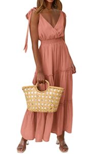 prettygarden women's cross neck summer sleeveless tiered maxi dress beach tie strap smocked long dresses pleated sundress (nude pink,medium)