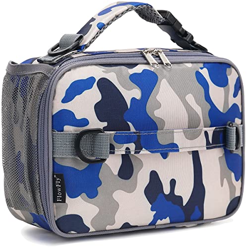 FlowFly Kids Lunch Bag, Durable Insulated School Lunch Box with Shoulder Strap and Bottle Holder, Water-resistant Thermal Small Lunch Cooler Tote for Teen Boys & Girls,Blue Camo