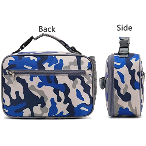 FlowFly Kids Lunch Bag, Durable Insulated School Lunch Box with Shoulder Strap and Bottle Holder, Water-resistant Thermal Small Lunch Cooler Tote for Teen Boys & Girls,Blue Camo