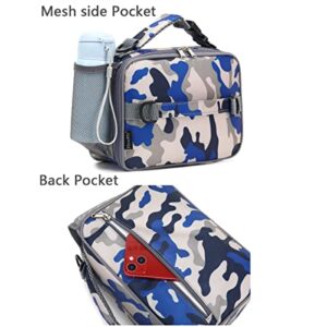 FlowFly Kids Lunch Bag, Durable Insulated School Lunch Box with Shoulder Strap and Bottle Holder, Water-resistant Thermal Small Lunch Cooler Tote for Teen Boys & Girls,Blue Camo