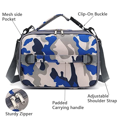 FlowFly Kids Lunch Bag, Durable Insulated School Lunch Box with Shoulder Strap and Bottle Holder, Water-resistant Thermal Small Lunch Cooler Tote for Teen Boys & Girls,Blue Camo