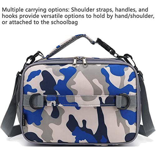 FlowFly Kids Lunch Bag, Durable Insulated School Lunch Box with Shoulder Strap and Bottle Holder, Water-resistant Thermal Small Lunch Cooler Tote for Teen Boys & Girls,Blue Camo