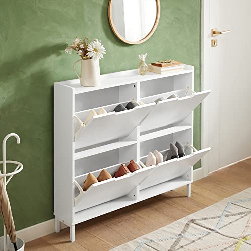 Haotian FSR100-W, White Shoe Cabinet with 4 Flip-Drawers, Freestanding Shoe Rack, Slim Shoe Organiazer