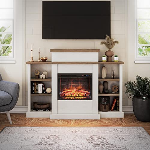 Ameriwood Home Gateswood Electric Fireplace with Mantel and Bookcase, Plaster