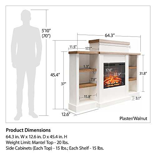 Ameriwood Home Gateswood Electric Fireplace with Mantel and Bookcase, Plaster