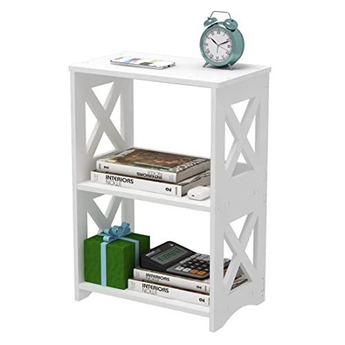 LUCKNOCK 3-Tiers Side Table, Narrow End Table with Storage Shelf, Simple Bedside Table Nightstand, Small Bookshelf Bookcase, Display Rack for Bathroom, Bedroom, Living Room and Office, White