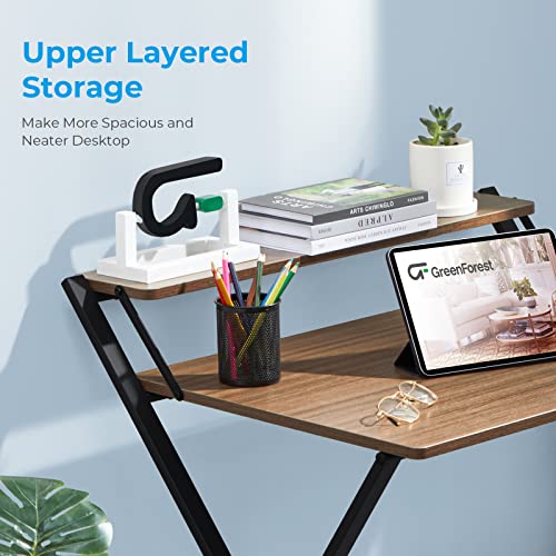 GreenForest Small Folding Desk No Assembly Required, Fully Unfold 27.3 x 22 inch 2-Tier Computer Desk with Shelf Space Saving Foldable Table for Small Spaces, Espresso