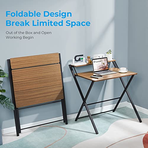 GreenForest Small Folding Desk No Assembly Required, Fully Unfold 27.3 x 22 inch 2-Tier Computer Desk with Shelf Space Saving Foldable Table for Small Spaces, Espresso