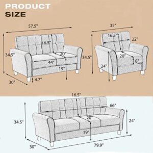 Modern Linen Upholstery Sectional Sofa w/3-seat Couch, Loveseat & Single Armchair for Living Room Bedroom Dorm, Tufted Corner Sofa w/Padded Cushion, Rolled Arm & Wooden Legs for Home Office (1+2 Seat)