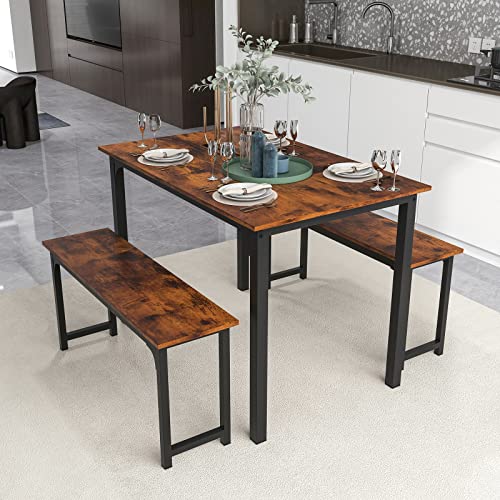 Tangkula 3-Piece Dining Table Set, Rectangular Kitchen/Dining Table with 2 Benches, Metal Frame, Space-Saving Furniture, Modern 4-Person Dinette for Kitchen, Dining Room