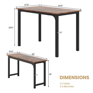 Tangkula 3-Piece Dining Table Set, Rectangular Kitchen/Dining Table with 2 Benches, Metal Frame, Space-Saving Furniture, Modern 4-Person Dinette for Kitchen, Dining Room