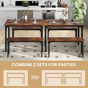 Tangkula 3-Piece Dining Table Set, Rectangular Kitchen/Dining Table with 2 Benches, Metal Frame, Space-Saving Furniture, Modern 4-Person Dinette for Kitchen, Dining Room