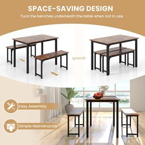 Tangkula 3-Piece Dining Table Set, Rectangular Kitchen/Dining Table with 2 Benches, Metal Frame, Space-Saving Furniture, Modern 4-Person Dinette for Kitchen, Dining Room