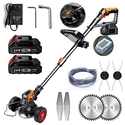 Electric Weed Eater Battery Operated Weed Wacker, String Trimmers with Remaining Power Display, Adjustable Machine Head Electric Lawn Edger for Garden and Yard