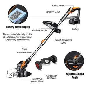 Electric Weed Eater Battery Operated Weed Wacker, String Trimmers with Remaining Power Display, Adjustable Machine Head Electric Lawn Edger for Garden and Yard