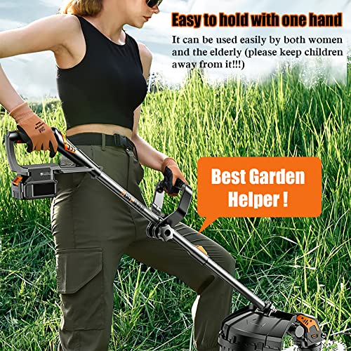 Electric Weed Eater Battery Operated Weed Wacker, String Trimmers with Remaining Power Display, Adjustable Machine Head Electric Lawn Edger for Garden and Yard