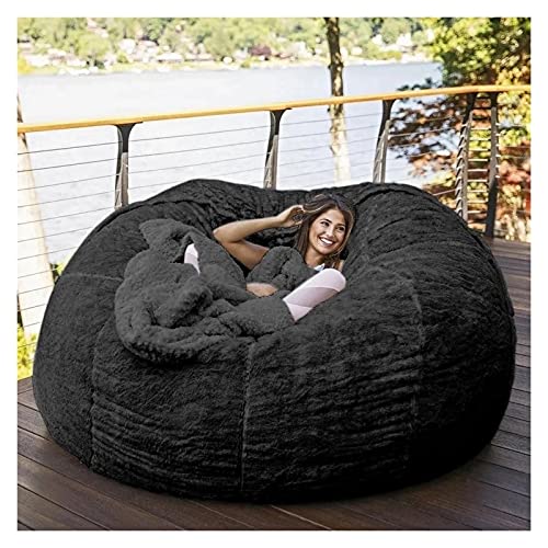 EKWQ 5 6 7 FT Bean Bag Chair Cover Chair Cushion, Big Round Soft Fluffy PV Velvet Sofa Bed Cover(it was only a Cover, not a Full Bean Bag) Living Room Furniture Lazy Sofa Bed Cover, Black, 5FT