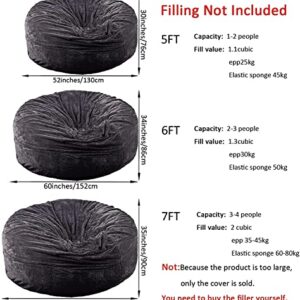 EKWQ 5 6 7 FT Bean Bag Chair Cover Chair Cushion, Big Round Soft Fluffy PV Velvet Sofa Bed Cover(it was only a Cover, not a Full Bean Bag) Living Room Furniture Lazy Sofa Bed Cover, Black, 5FT