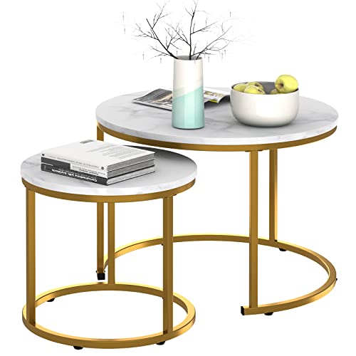 Garden 4 you White Marble Nesting Coffee Table for Small Place 2 Sets Modern Furniture Living Room Sets End Side Table Night Stand for Bed Room Dining Room