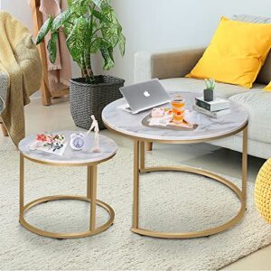 Garden 4 you White Marble Nesting Coffee Table for Small Place 2 Sets Modern Furniture Living Room Sets End Side Table Night Stand for Bed Room Dining Room