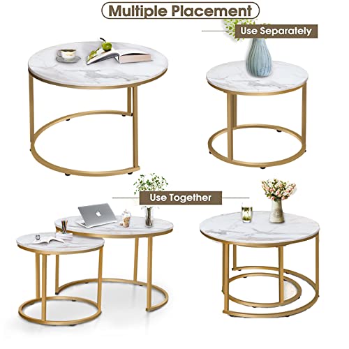 Garden 4 you White Marble Nesting Coffee Table for Small Place 2 Sets Modern Furniture Living Room Sets End Side Table Night Stand for Bed Room Dining Room