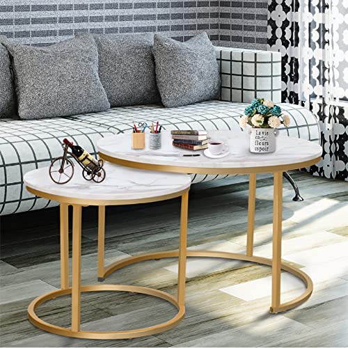 Garden 4 you White Marble Nesting Coffee Table for Small Place 2 Sets Modern Furniture Living Room Sets End Side Table Night Stand for Bed Room Dining Room