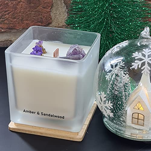 Natural Soy Wax Scented Candles - Lavender Vanilla Scented Candle & Amber Sandalwood with Wooden Wick in a Frosted Glass Square Jar with Bamboo Lid by September 98