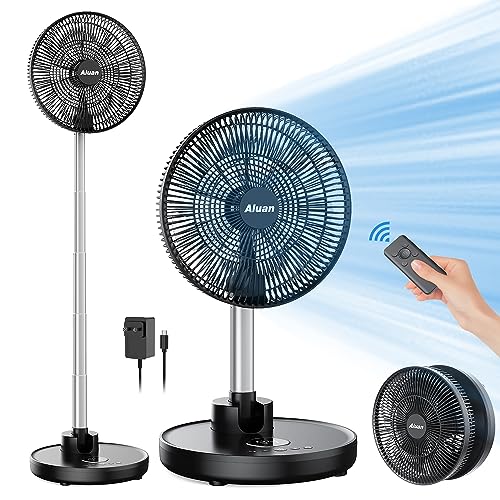 Aluan 12" Quiet Oscillating Fan with 12000mAh Rechargeable Battery, Foldaway Standing Fan/Table Fan with Remote Control, 6 Speeds Portable Pedestal Fan with Adjustable Height for Home Bedroom Travel