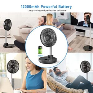 Aluan 12" Quiet Oscillating Fan with 12000mAh Rechargeable Battery, Foldaway Standing Fan/Table Fan with Remote Control, 6 Speeds Portable Pedestal Fan with Adjustable Height for Home Bedroom Travel