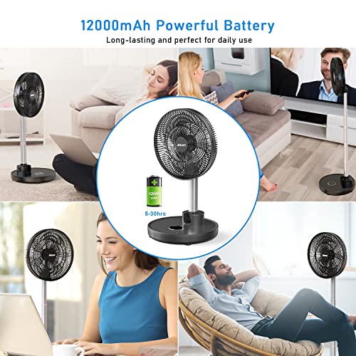 Aluan 12" Quiet Oscillating Fan with 12000mAh Rechargeable Battery, Foldaway Standing Fan/Table Fan with Remote Control, 6 Speeds Portable Pedestal Fan with Adjustable Height for Home Bedroom Travel