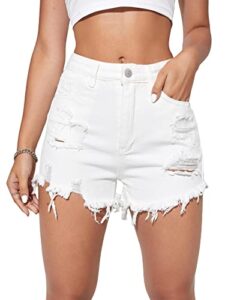 wdirara women's mid rise raw hem distressed ripped casual denim shorts snow white m