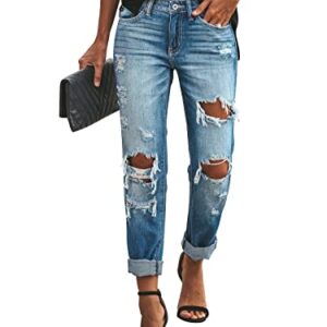 KUNMI Women's Ripped Mid Waisted Boyfriend Jeans Loose Fit Distressed Stretchy Denim Pants