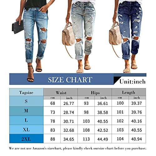 KUNMI Women's Ripped Mid Waisted Boyfriend Jeans Loose Fit Distressed Stretchy Denim Pants