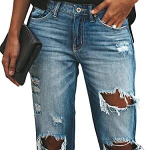 KUNMI Women's Ripped Mid Waisted Boyfriend Jeans Loose Fit Distressed Stretchy Denim Pants