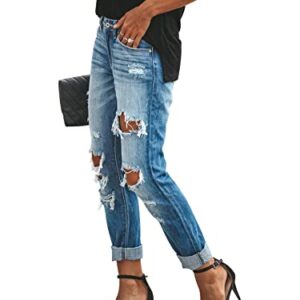 KUNMI Women's Ripped Mid Waisted Boyfriend Jeans Loose Fit Distressed Stretchy Denim Pants