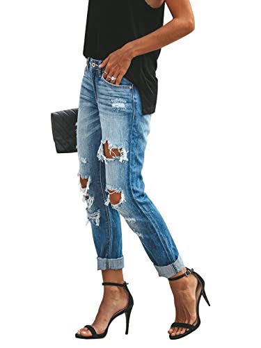 KUNMI Women's Ripped Mid Waisted Boyfriend Jeans Loose Fit Distressed Stretchy Denim Pants