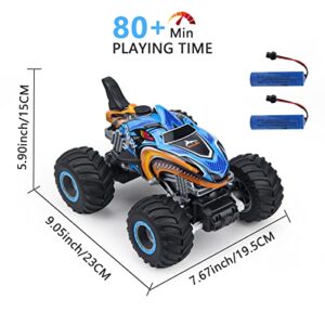 BESWIT 1:16, 2.4 GHz All Terrain Monster Truck, RC Truck 2 Rechargeable Batteries for 80 Mins Play, Spray Remote Control Car for Boys 8-12 and Girls or Adult, MK724A