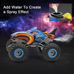 BESWIT 1:16, 2.4 GHz All Terrain Monster Truck, RC Truck 2 Rechargeable Batteries for 80 Mins Play, Spray Remote Control Car for Boys 8-12 and Girls or Adult, MK724A