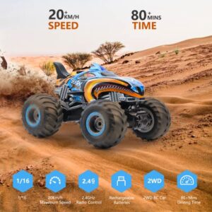 BESWIT 1:16, 2.4 GHz All Terrain Monster Truck, RC Truck 2 Rechargeable Batteries for 80 Mins Play, Spray Remote Control Car for Boys 8-12 and Girls or Adult, MK724A